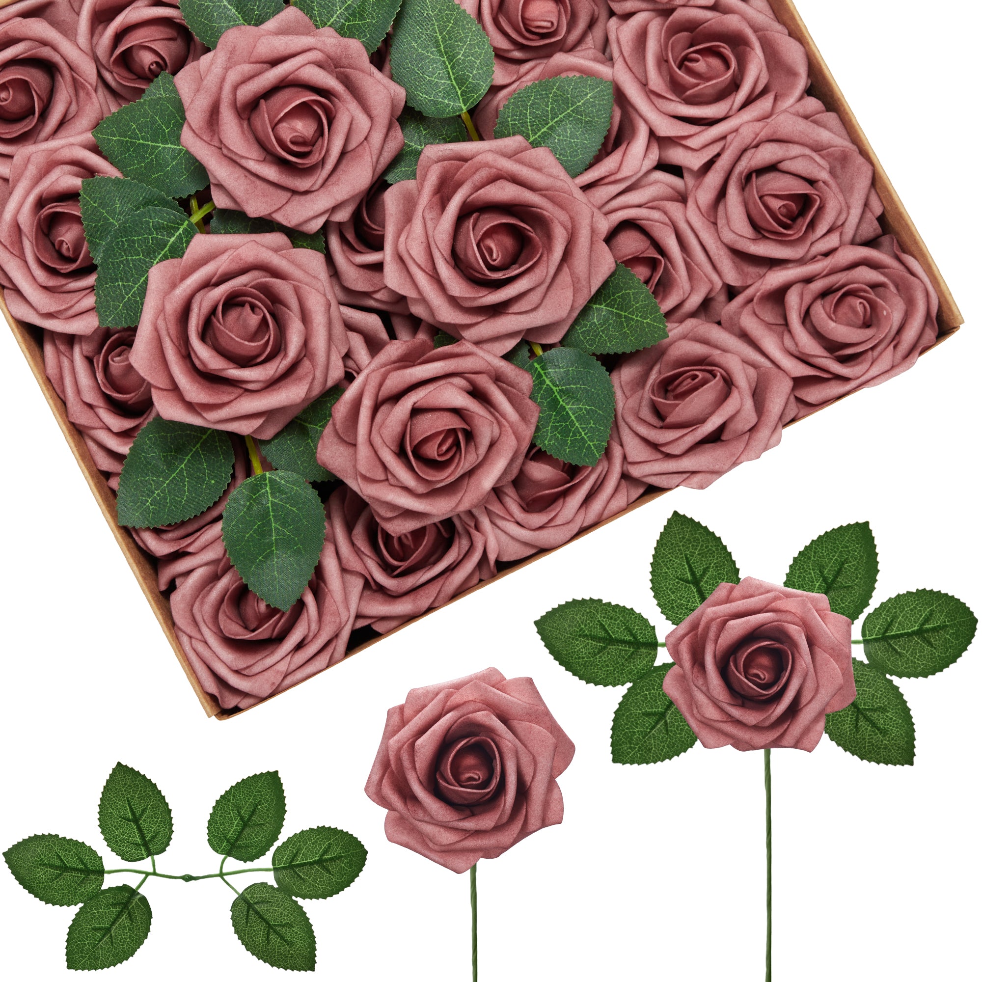 InnoGear Artificial Flowers, 50 Pcs Dusty Pink Foam Fake Roses Bulk wi