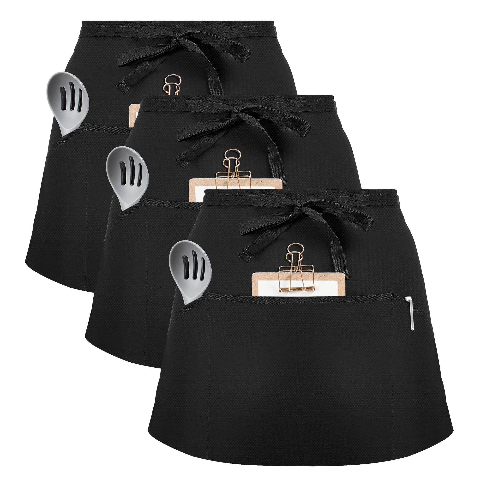 InnoGear 3 Pack Waist Apron, Black Waiter Waitress Aprons with 3 Pocke