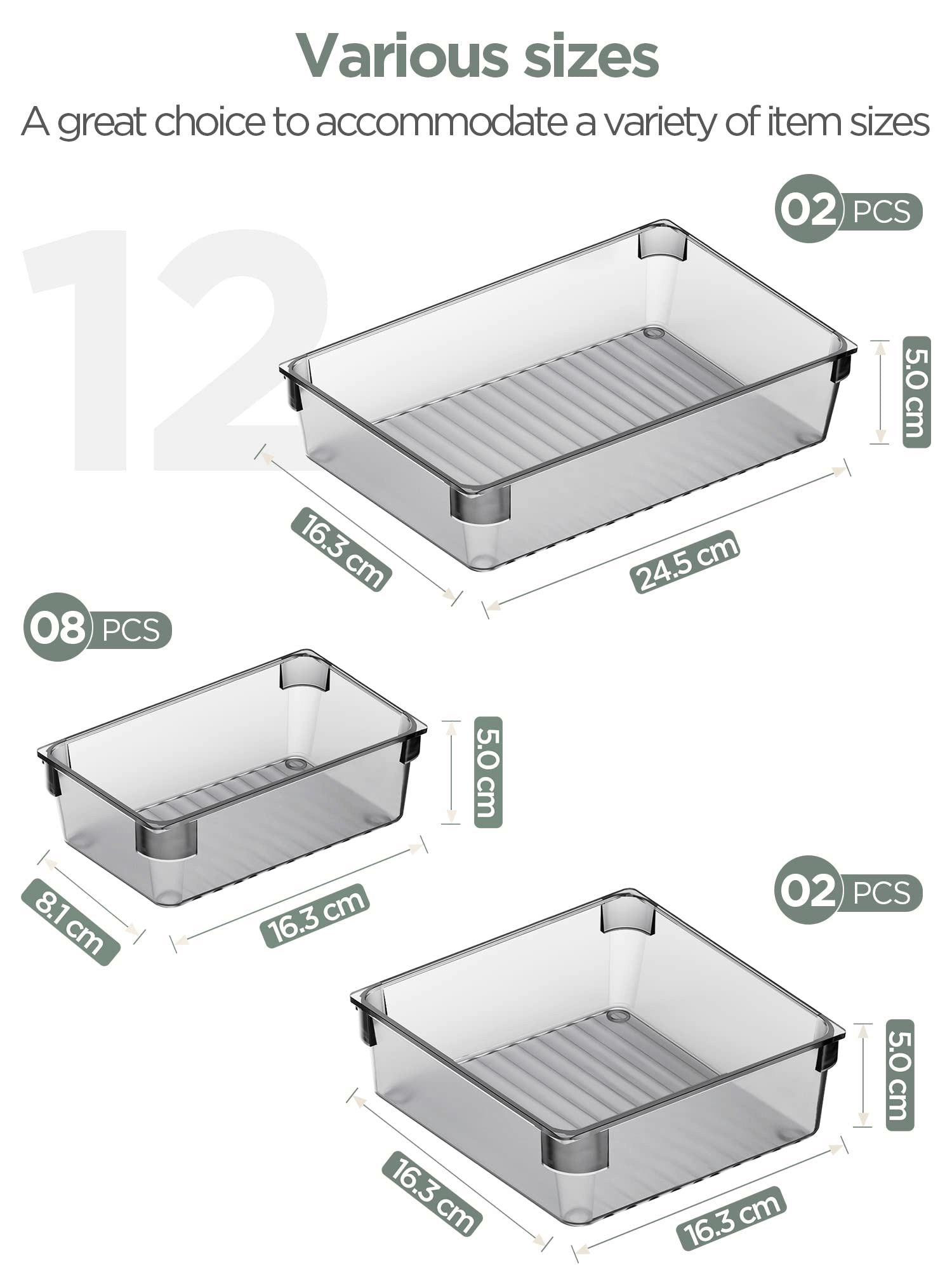 InnoGear Set of 12 Desk Drawer Organiser Trays with 3-Size Clear Plast